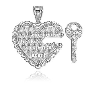 925 Sterling Silver Textured Charm Key of my Heart Charm 2-Piece Pendant Set
