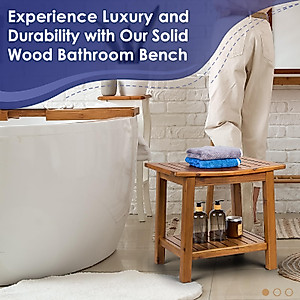 Upolana Teak Shower Bench, 20" Solid Wood Shower Stool Waterproof Shower Seat with Storage Shelf for Bathroom, Indoor & Outdoor Use
