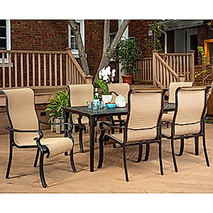 Hanover Brigatine 7-Piece Modern Patio Dining Set with 6 Quick-Dry Tan Sling Chairs and 40"x70" Square Cast-Top Table, All-Weather Outdoor Furniture Set for Backyard and Deck