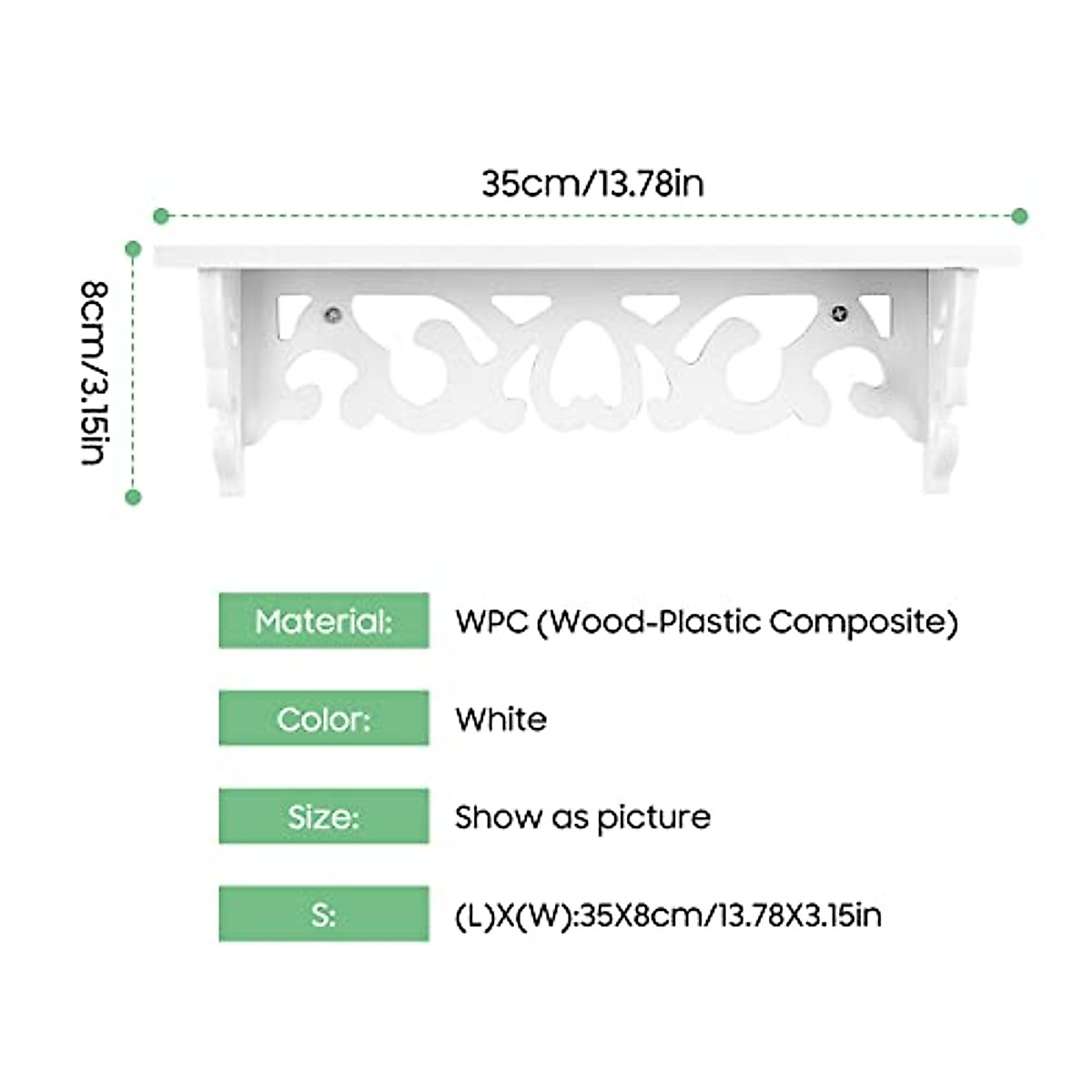 Wall Mounted Shelf, White Carved Shabby Chic Filigree Style Shelves Design Wall Shelf for Home, Bedroom, Study (S)