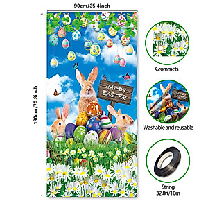 2023 Happy Easter Eggs Bunny Door Banner 3x6ft Spring Sky Grassland Flower Door Cover Banner Child Baby Shower Party Outdoor Yard Porch Sign Decoration