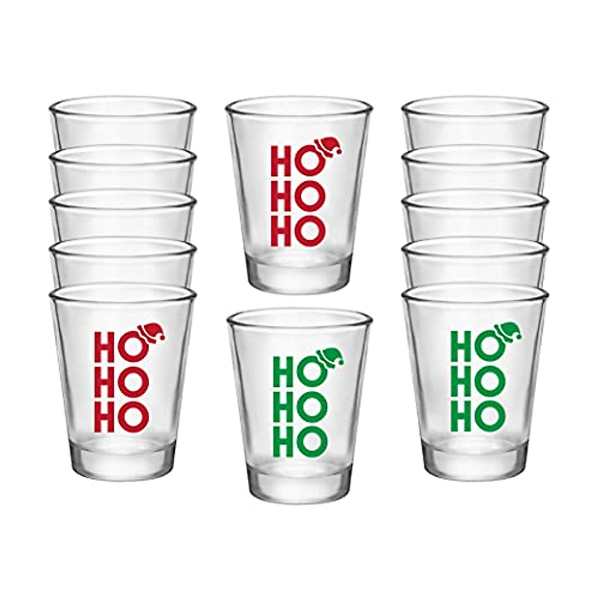 Ho Ho Ho - 6 Red and 6 Green Christmas Shot Glasses - Set of 12 Glass Party Shot Cups with Double-Sided Prints - Holiday Cocktail Glasses for Drinking Liquor, Tequila, Vodka