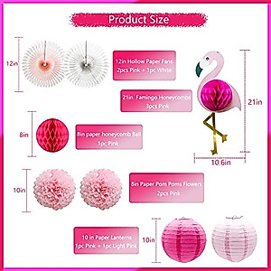 Tropical Pink Flamingo Party Decorations, Pom Poms Honeycomb Balls Paper Flowers Tissue Paper Fan Paper Lanterns for Birthday Hawaiian Luau Summer Beach Bachelorette Party