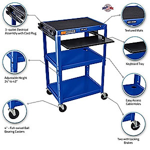 Luxor Rolling Multipurpose Height Adjustable Steel AV Utility Cart With Pullout Keyboard Tray Shelf Black