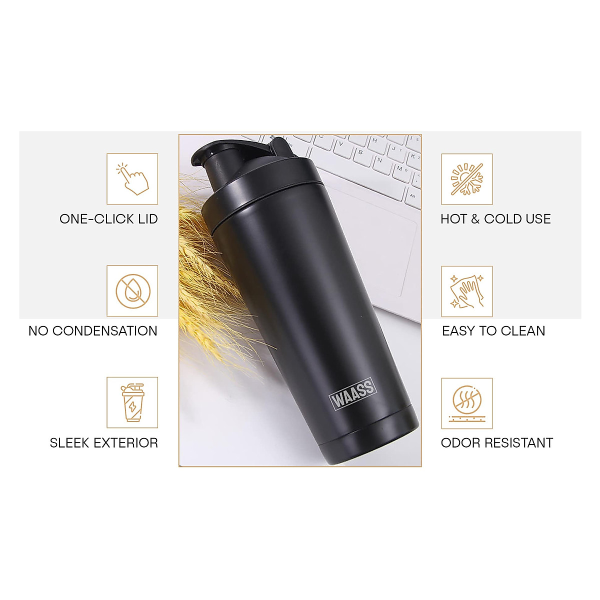 WAASS Double Wall, Stainless Steel Vacuum Insulated Protein Shaker Bottle with Mixer Ball for Gym - Leakproof One-Click Lid - BPA-Free Metal Smoothie Cup for Hot & Cold Drinks (Black)