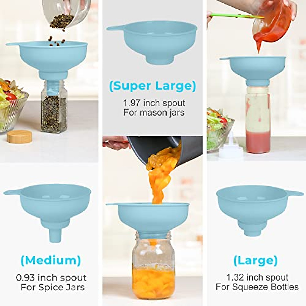 Wide Mouth Kitchen Funnel, Pisol Food Grade Plastic Cooking Canning Funnel with 4 Sizes Spouts for Filling Wide and Regular Mason Jars, Spray Dropper Oil Bottle Jug Spices Shampoo Powder Oats Sauce