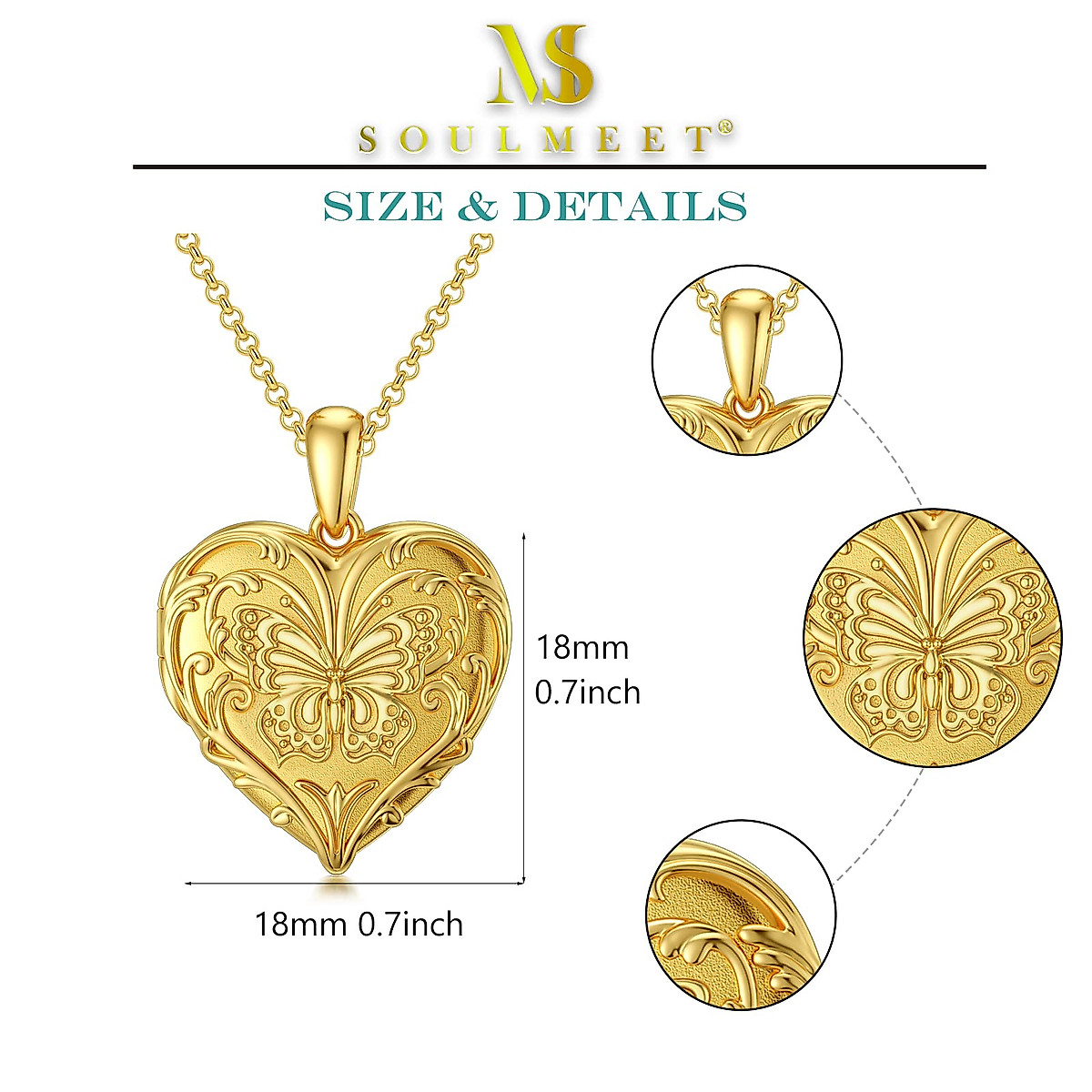 SOULMEET 18k Gold Plated Silver Butterfly Heart Locket Necklace That Holds 2 Picture,20" (Locket only)