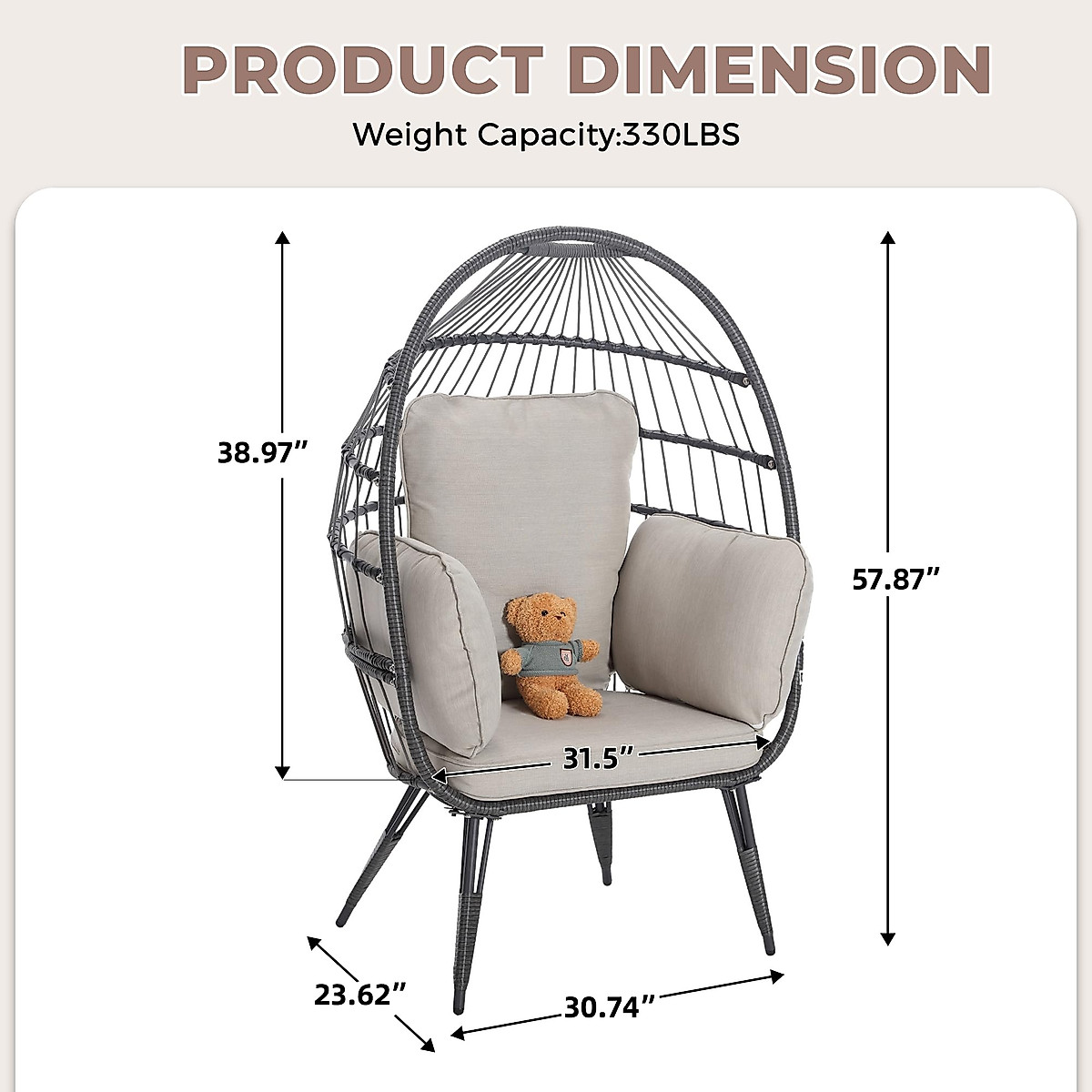 Kayflora Wicker Egg Chair, PE Rattan Egg Basket Lounge Chair with Stand, with Cute Throw Pillow, Patio Chair for Patio, Garden, Yard, Living Room, Sunroom,Beige