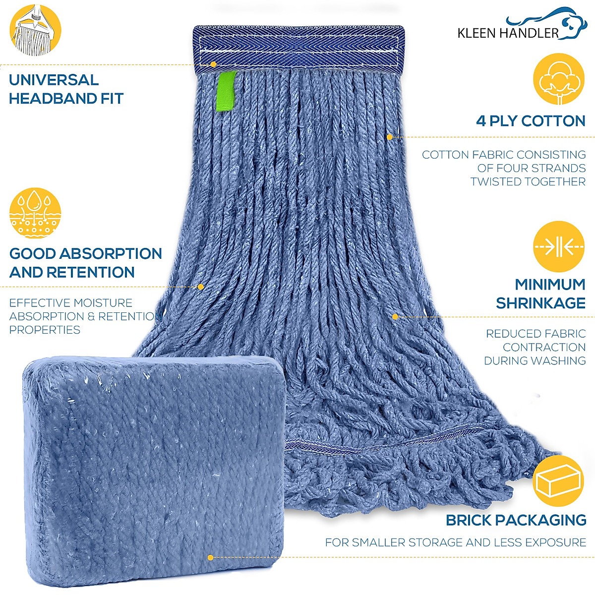 KLEEN HANDLER Blended Loop End Heavy Duty Mop Head Replacement, Wet Mop Refills for Commercial and Household Floor Cleaning, Blue, 20 Oz (6-Pack)