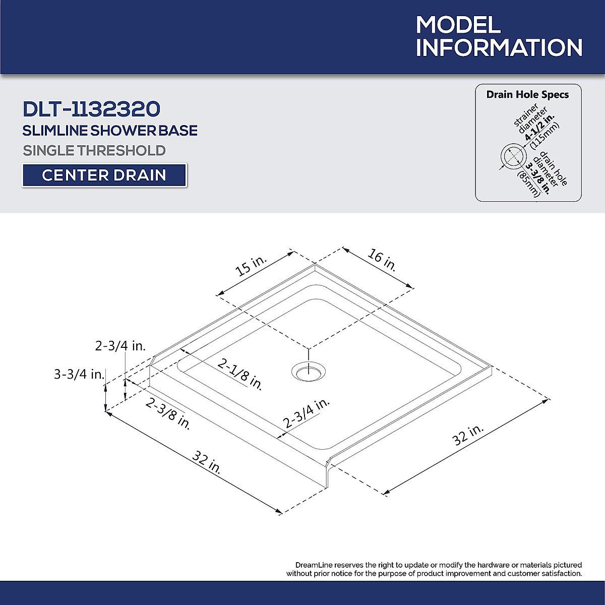 DreamLine SlimLine 32 in. D x 32 in. W x 2 3/4 in. H Center Drain Single Threshold Shower Base in Biscuit, DLT-1132320-22