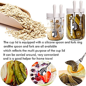 Overnight Oatmeal Lid，Overnight Oats Containers 4 piece set，Pickle Fork ，spoon，Suitable for mason jars and overnight oats jars(black White，Jars not Included)