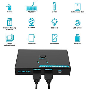 SGEYR Metal USB Switch 2 Computers Sharing 4 USB Devices USB 2.0 Switcher Box, USB Peripheral Switch Adapter, for Printer, Mouse, Scanner, PCs with One-Button Swapping and 2 Pack USB A to A Cable