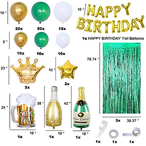 Green and Gold Birthday Party Decorations for Men Women Girls 145pcs Birthday Party Supplies Green Garland Kit Gold Happy Birthday Banner with Green Gold White Champagne Beer Balloon Decorations
