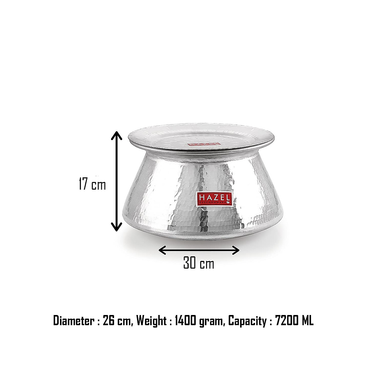 HAZEL Aluminium Hammered Finish Handi with Lid Biryani Rice Cooking Pot Degri Tope Patila, 23 cm, 5 Litre (7200 ML)