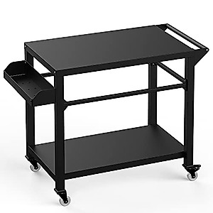 Xilingol Outdoor Grill Cart Pizza Oven Stand, BBQ Prep Table with Wheels & Seasoning Tray, Black Kitchen Tabletop Griddle Cooking Island & Station for Bar, Patio, Camping, Outside, Home