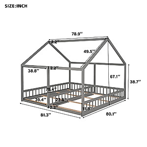 ACQCA Twin Size House Bed with Guardrail,Two Shared Wooden Floor Beds Frame with Roof for Kids Boys Girls,No Box Spring Needed,Gray