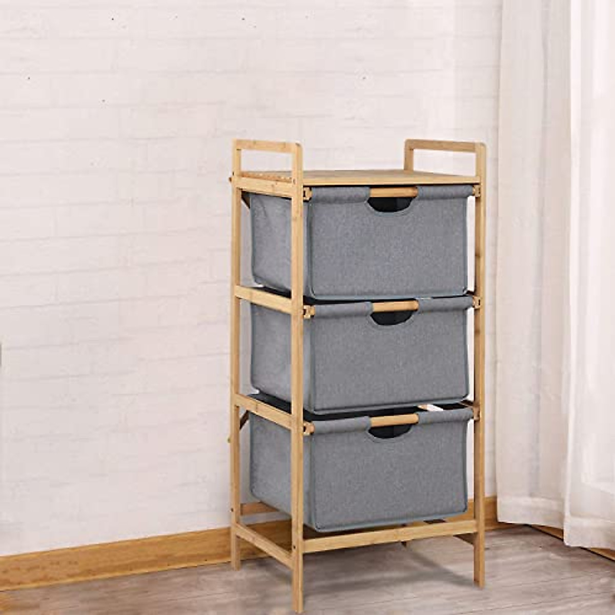 3-Tier Organizer Storage Shelf with Bamboo Frame and Pull Out Fabric Baskets Storage Drawers Unit,Laundry Towel Hamper Cabinet Tower Three Part Compartment Sorter Basket (3-Tier,Style 1)