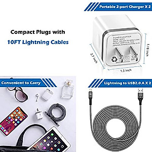 WHIRELEAST iPhone Charger Cable 10 FT with Wall Plug, Braided Long iPhone Charging Cord + Dual USB Wall Charger Block Adapter Compatible with iPhone 12/11/11 Pro Max/XS/XR/X/8/7/6 Plus, iPad (4-Pack)