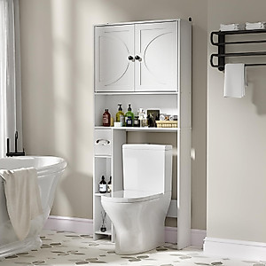 infurnic Over The Toilet Storage Cabinet, Farmhouse Wooden Bathroom Storage Organizer Bathroom Shelf, Freestanding Toilet Storage Rack Space Saver for Bathroom, Restroom, Laundry White