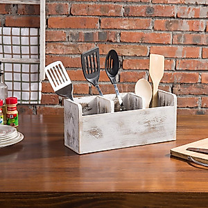 MyGift Whitewashed Wood Utensil Holder, Wooden Silverware Flatware Caddy with 3 Compartments, Countertop Cooking Utensil Storage Crock