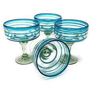 Mexican Hand Blown Glass – Set of 4 Hand Blown Margarita Glasses (16 oz) with Aqua Spiral Design