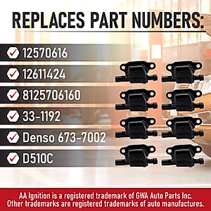 Ignition Coil Pack Set of 8 - Replaces 12570616, D510C - Compatible with Chevy, GMC, Pontiac, Cadillac 5.3L, 6.0L V8 - G8, Grand Prix, Tahoe, Yukon, Silverado, Impala, Trailblazer, Avalanche