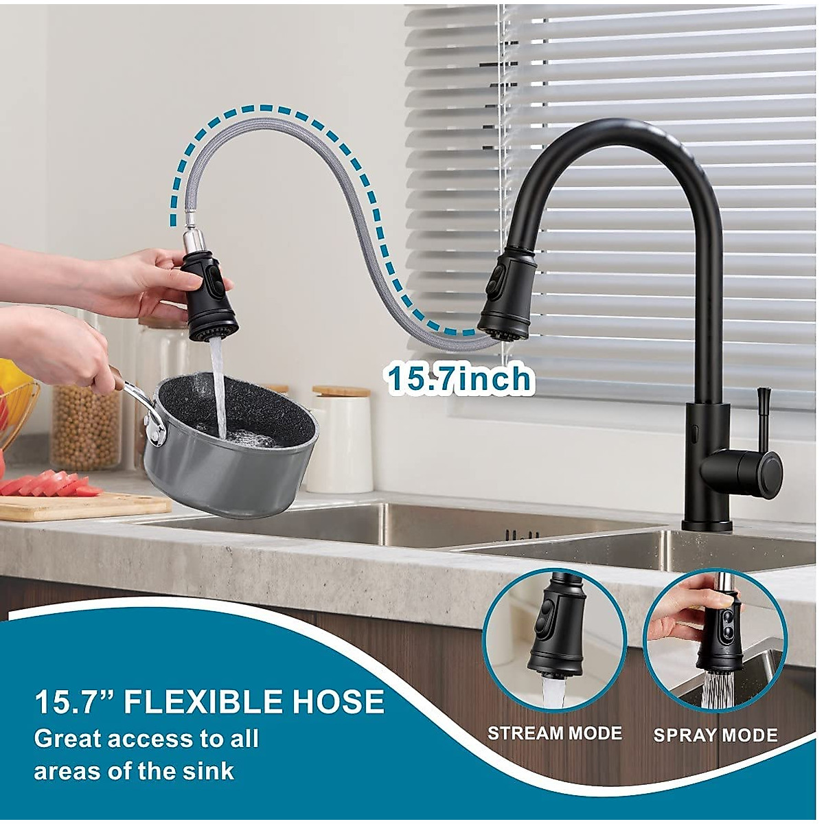 Welsan Touchless Kitchen Faucet, Hands-Free Automatic Smart Faucet with Pull Down Sprayer, Stainless Steel Matte Black, Single Handle Motion Sensor Activated Faucet for Kitchen Sink