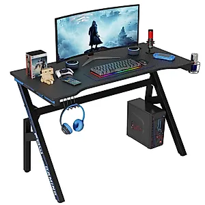 PayLessHere 47 Inch Gaming Desk PC Carbon Fiber Table Ultimate Gamer Workstation with Cup Holder & Headphone Hook for Home Office,Blue (Blue)