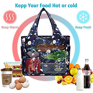 Scorlia Insulated Lunch Shoulder bag, Extra Large Lunch Tote Handbag, Durable Reusable Cooler Ladies lunch Box Bag with Side pockets, Tall Drinks Holder for Women Men Work, Blue flower