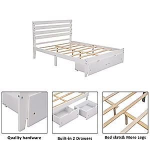 Full Bed with Drawers,Wood Bed Frame with Headboard and Footboard Mattress Foundation Wood Bed Platform for Boys, Girls, Kids, Young Teens and Adults,White