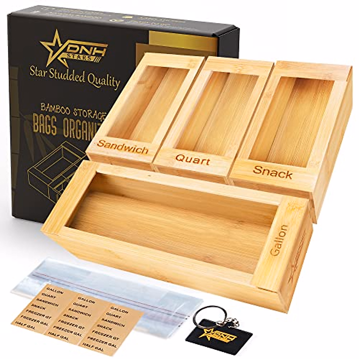 DNH Stars Bamboo Ziplock Bag Storage Organizer - 4 Box Wooden Containers for Snack, Sandwich, Quart & Gallon Size Zip Lock Bags - Fits In Kitchen Drawer, Cabinet - Ready to Use Labels & Bags