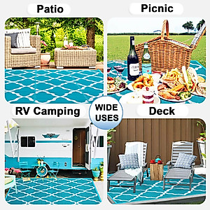 OutdoorLines Outdoor Plastic Area Rugs for Patio 4x6 ft - Reversible Outside Carpet, Stain & UV Resistant RV Mats, Straw Rug for Camping, Deck Garden, Porch and Balcony, Moroccan Teal & Light Grey