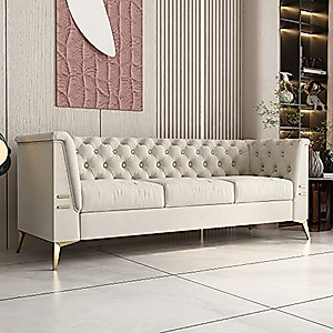 MeiBoAll 83" Beige Chesterfield Velvet Sofa Couch Button-Tufted Accenting with Flared Arm&Metal Legs Removable Cushion Seat, Retro Modern Contemporary Chesterfield 3 Seat Sofa for Livingroom Furniture