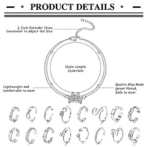 Sanfenly Anklets and Toe Ring Set for Women Silver Anklet Bracelets Open Adjustable Toe Ring Flower Wave Heart Tail Pinky Band Rings Summer Beach Foot Jewelry