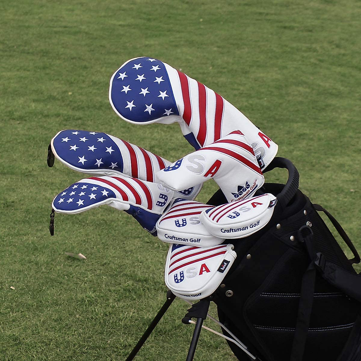 Craftsman Golf Red/White/Blue USA Flag Driver Fairway Wood Hybrid Cover Headcover Blade Mallet Putter Cover (3pcs (D+F+H))