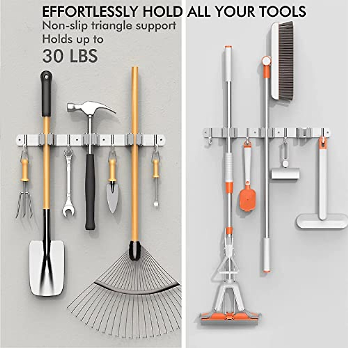 YouOKLight mop broom holder,broom hanger wall mount, 304 Non-Slip Stainless Steel Rack for Tools Hanger,Metal Broom Closet Organizer for Home,Garage, even Outdoor (3 Racks with 4 Hooks)