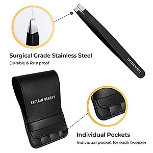 EXCLAIM BEAUTY Tweezers for Women & Men Pack of 4 Stainless Steel Tweezers Set, Precision Tweezers for Eyebrows Splinter Ingrown Hair Removal Tweezers Kit for Women with Leather Case – Matte Black