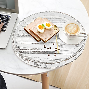 16 Inches Extra Large Solid Wooden Serving Tray Round Tea Coffee Table Tray Snack Food Meals Serving Plate Kitchen Party Bar Server Breakfast Tray with Raised Edge Decorative Ottoman Tray White