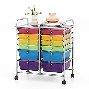 12 Drawers Rolling Storage Cart, Multipurpose Storage Organizer Cart with Lockable Casters, Mobile Utility Cart for Garage Office Home Kitchen (Rainbow+Clear)