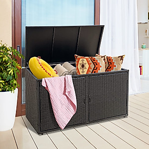 RELAX4LIFE PE Wicker Storage Box - Outdoor 88 Gallon 2-Tier Deck Box for Patio Furniture Toys Storage w/Lid & Front Doors, All Weather Rattan Storage Bin for Backyard Garden Poolside Porch (Black)