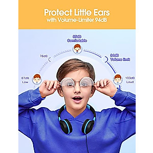 TUNEAKE Kids Headphones, Foldable Stereo On-Ear Kids Headset, 94dB Volume Limited, Adjustable Headband Headphones for Kids Teens, Tangle-Free 3.5mm Jack School Headphones for iPad Tablet, Blue Black
