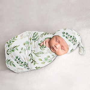 Sweet Jojo Designs Floral Leaf Baby Boy or Girl Cocoon and Beanie Hat 2pc Set Jersey Stretch Knit Sleeping Bag for Infant Newborn Nursery Sleep Wrap Sack - Green White Boho Botanical Woodland Garden