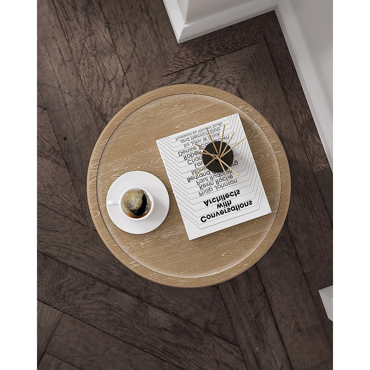 VONLUCE Farmhouse End Table,17.7'' Round French Country Side Table,Distressed Wood Tray Top Rustic Accent Table with Lipped Edge for Living Room Dining Room Bedroom,Small Space,Beige