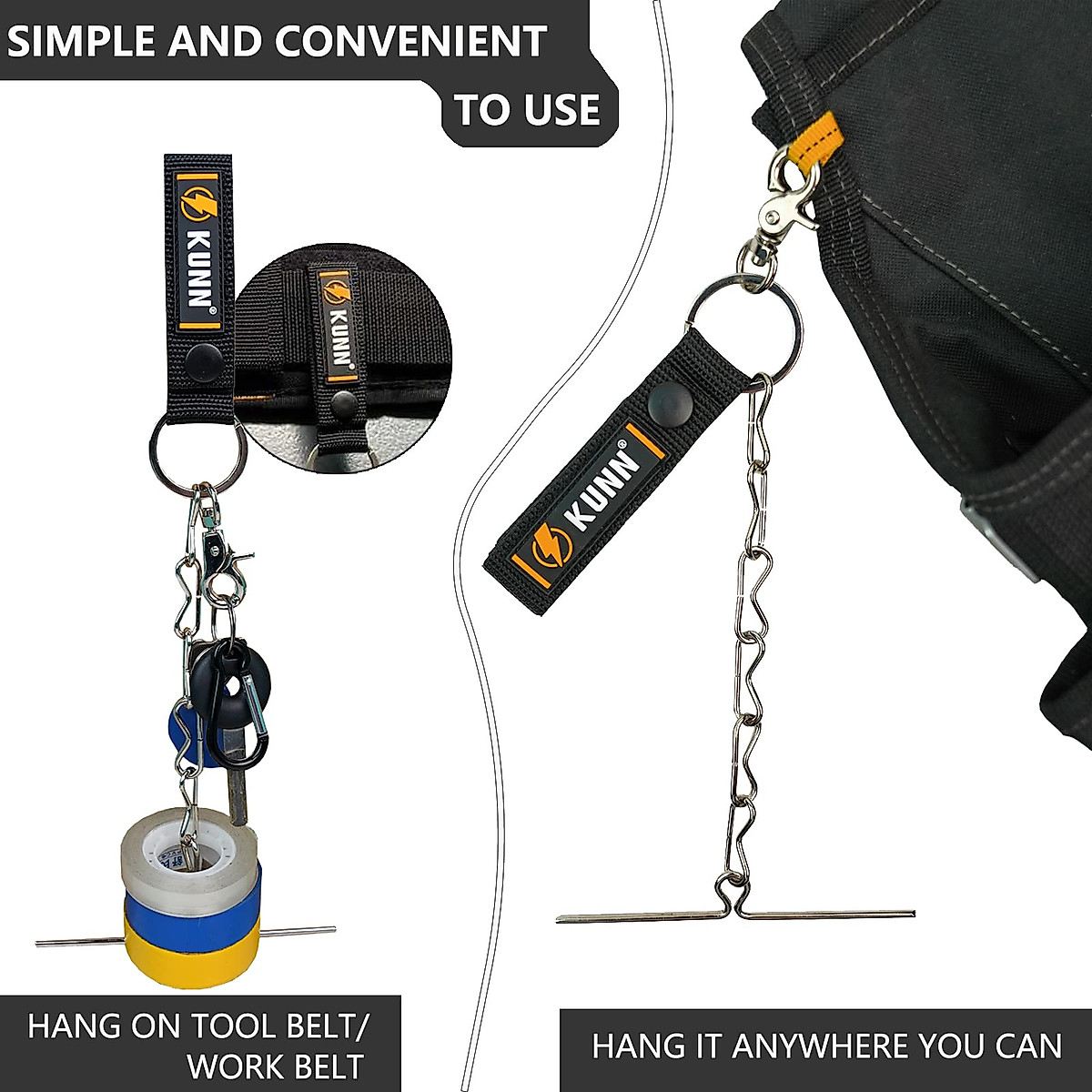 KUNN Electrical Tape Holder,Dual-Use Tape Thong,Enhanced Fast Tape Holder Chain for Tool Belt with Keyring,Snap Loop and Button(1Pack,Black)