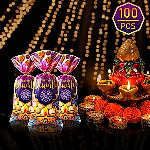 100 Pieces Happy Diwali Party Favor Bags, Festival of Lights Gift Candy Bags with Twist Ties Cellophane Plastic Treat Goodie Bags for Diwali Party, Indian Lights celebration Party Supplies Decoration