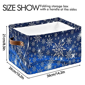 Winter Christmas Blue Snowflakes Storage Basket Xmas Snow Flakes Storage Organizer Box Bin Large Collapsible Cube Baskets with PU Handles for Shelf Closet Nursery Laundry 1 Pack