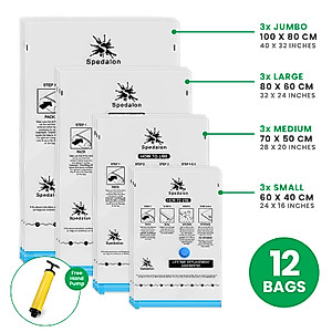 Spedalon 12 Vacuum Storage Bags for Clothes - Jumbo, Large, Medium & Small - Space Saver Vacuum Bags for Comforters, Blankets, Bedding, Pillow - Cruise Travel Essentials, Seal Bags Clothing with Pump