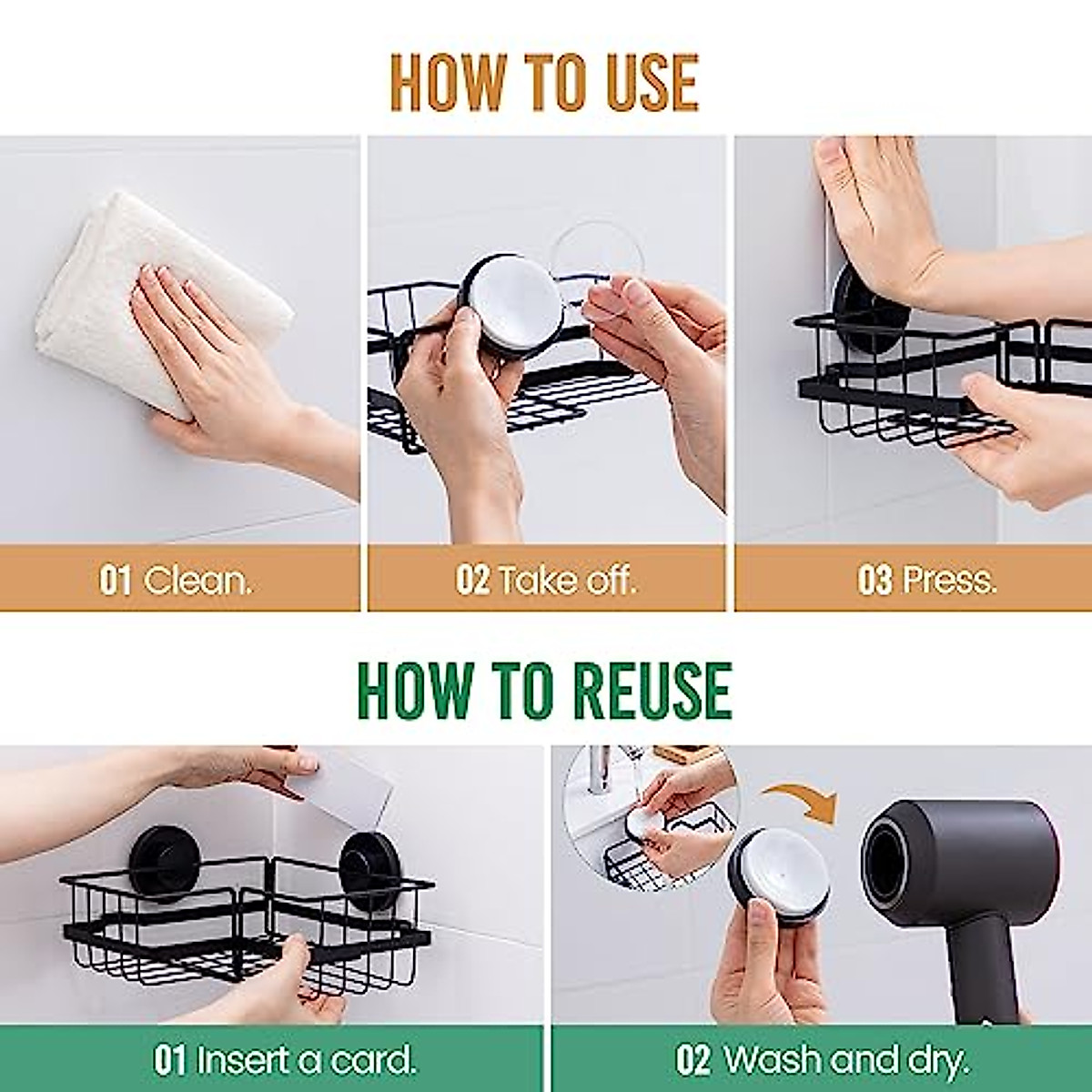 LEVERLOC Corner Shower Caddy Suction Cup with Hooks 2 Pack No-Drilling Rotating Removable Shower Caddy Basket, Stainless Steel Shower Shelves,Rustproof Organizer for Bathroom Storage,Black