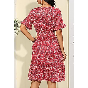 nclook Womens Summer Casual Dress Sweet & Cute V-Neck Slim Fit Midi Dress with Pocket Short Sleevele Ruffle Dress Jujube Red