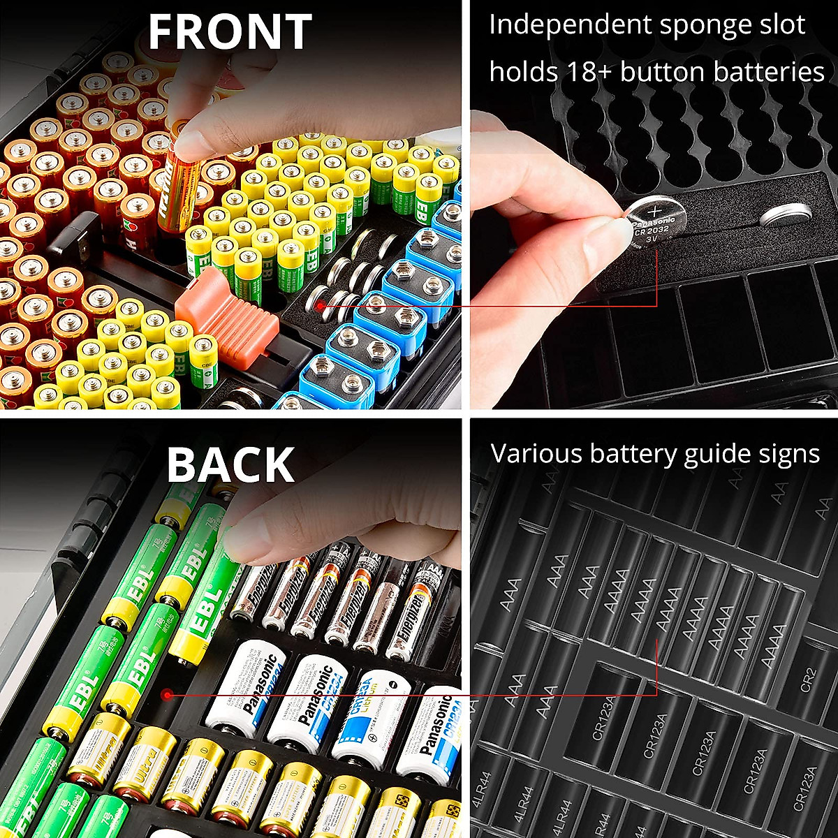Aptbyte Battery Organizer Storage Holder Box Case with Tester- 269 Batteries Double-Sided Variety Pack, Holds AA AAA 4A C D Cell 9V 3V Lithium LR44 CR2 CR123 CR1632 18650 Button- Grey